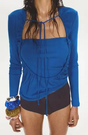 Mango Gathered Overlay Long Sleeve Top - Blue