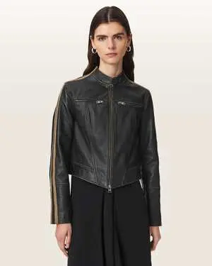 ALLSAINTS Tiggy Fitted Leather Jacket With Striped Sleeves