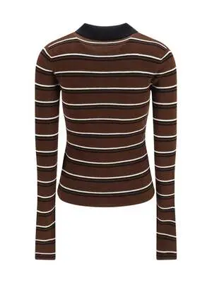 GANNI Striped Merino Polo Shirt - Brown