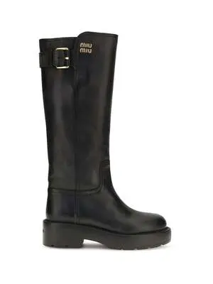 Miu Miu Leather Knee-high Boots With Buckle Detail - Black