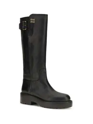 Miu Miu Leather Knee-high Boots With Buckle Detail - Black