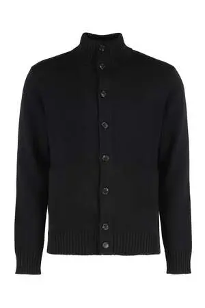 SLOWEAR Virgin Wool High-collar Cardigan With Front Buttons And Side Pockets - Black