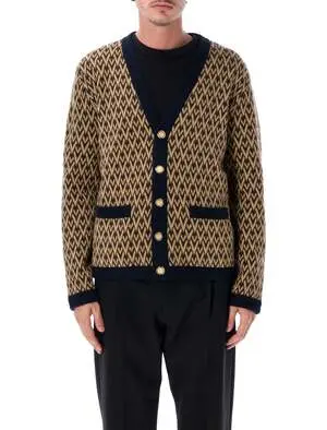 Valentino Garavani Toute The V" Jacquard Wool Cardigan With Gold-tone Buttons - Camel/blue