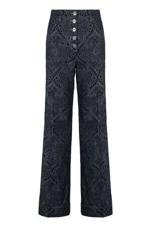 Etro Abstract Denim Jacquard Flare Jeans With Pegaso Button Closure