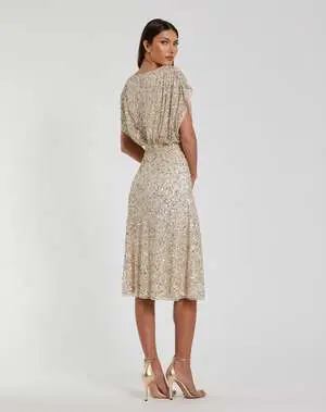 Mac Duggal Beige Sequin Draped Sleeve V-neck Midi Dress