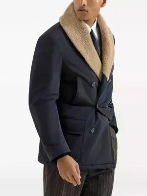 Brunello Cucinelli Double-breasted Bonded Nylon Coat With Shearling Lining - Blue
