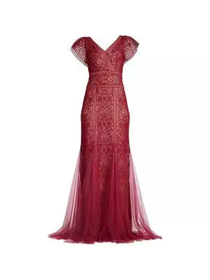 Tadashi Shoji Taryn Trackwork Lace-overlay Maxi Gown - Red