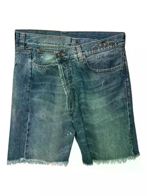 R13 Asymmetric Closure Frayed Edge Denim Shorts