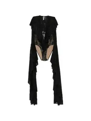 Norma Kamali Ruffled V-neck Lace Bodysuit