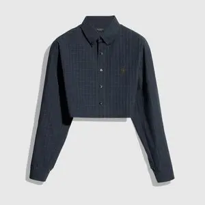 Gucci Cropped Checked Cotton Poplin Shirt With Crest Embroidery