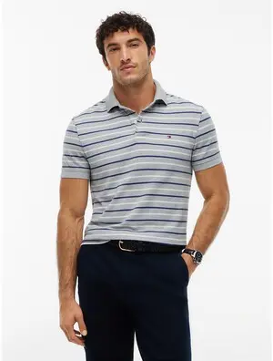 Tommy Hilfiger Regular Fit Striped Wicking Polo - Grey Heather