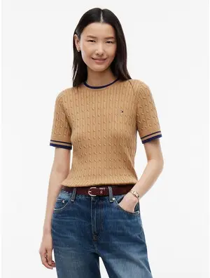 Tommy Hilfiger Short Sleeve Cable Knit Sweater - Timeless Camel