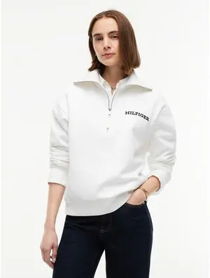 Tommy Hilfiger Flocked Monotype Quarter-zip Sweatshirt - Ecru