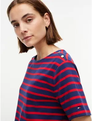 Tommy Hilfiger Striped Cotton Interlock T-shirt With Gold-tone Buttons