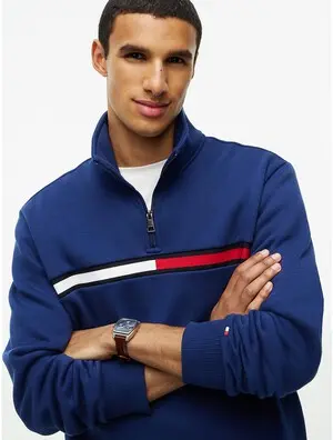 Tommy Hilfiger Flag Stripe Logo Quarter-zip Sweatshirt - Preppy Navy