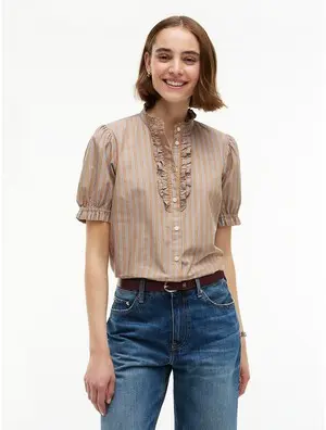 Tommy Hilfiger Ruffle-trim Striped Poplin Shirt - Hickory