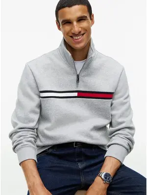 Tommy Hilfiger Flag Stripe Logo Quarter-zip Sweatshirt - Grey Flag