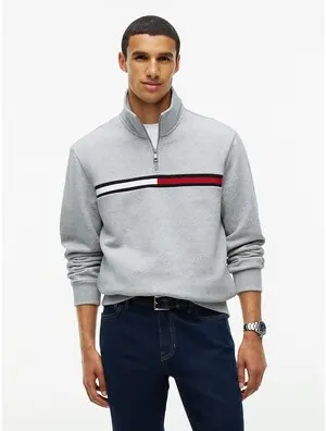 Tommy Hilfiger Men's Flag Stripe Logo Quarter-zip Sweatshirt - Grey Flag