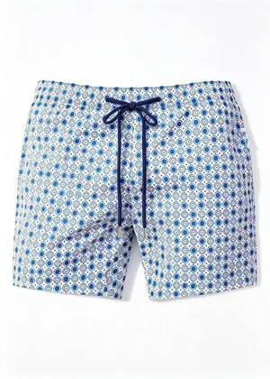 VAYLA White / Blue Mid Length Octagon White Teal Print Swim Shorts With Adjustable Drawcord - White/blue