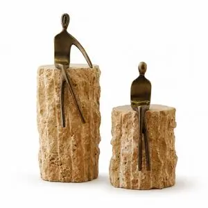 MARLETH Neutrals Seated Travertine Sculpture Set Two - Beige