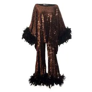 JENNAFER GRACE Sequined Set With Feather Trim