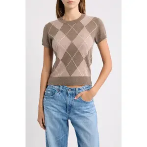 REFORMATION Darcy Short Sleeve Cashmere Sweater Argyle Pattern - Oak Argyle