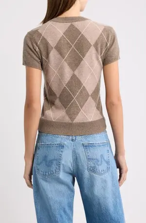 REFORMATION Darcy Short Sleeve Cashmere Sweater Argyle Pattern