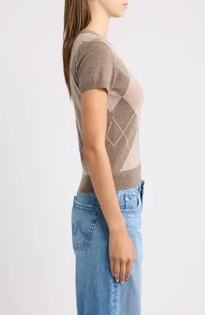 REFORMATION Darcy Short Sleeve Cashmere Sweater Argyle Pattern