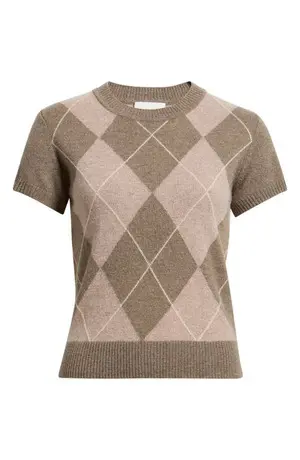 REFORMATION Darcy Short Sleeve Cashmere Sweater Argyle Pattern
