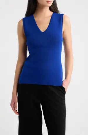 TAHARI ASL Ribbed V-neck Sleeveless Sweater Tank - Saphire