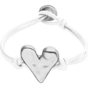 UNODE50 White Leather Bracelet With Sterling -plated Heart Detail - Silver