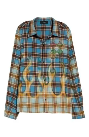 Amiri Ma Quad Flames Plaid Cotton Flannel Button-up Shirt