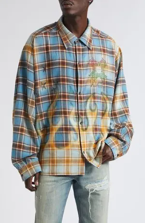 Amiri Ma Quad Flames Plaid Cotton Flannel Button-up Shirt - Blue