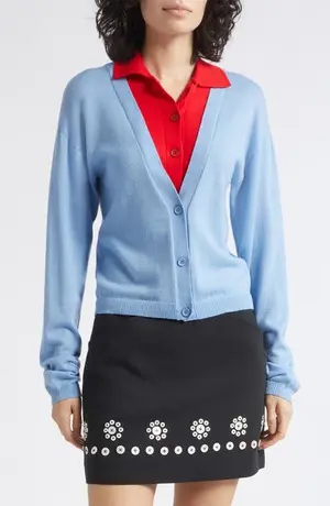 Stine Goya Layered Wool Cardigan - Sky Blue/fiery Red