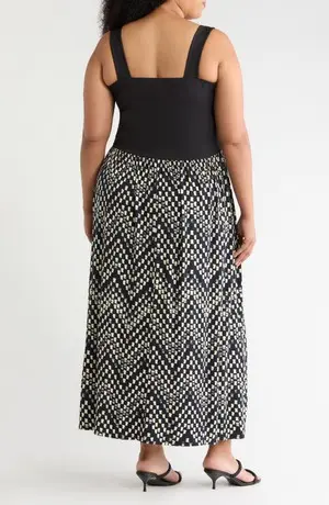 Loveappella Sleeveless Square Neck Maxi Dress With Printed Skirt - Black/ivory