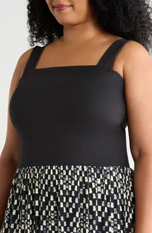 Loveappella Sleeveless Square Neck Maxi Dress With Printed Skirt - Black/ivory