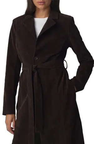 Joe's Jeans Faux Suede Long Coat With Tie Belt - Dark Chocolate
