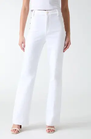 Guess High Waist Flare Jeans With Button Detail - White