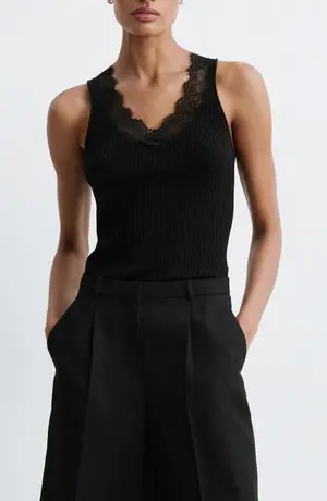Mango Lace Trim Lyocell Tank Black