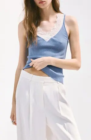Mango Lace Trim Lyocell Tank Sky Blue