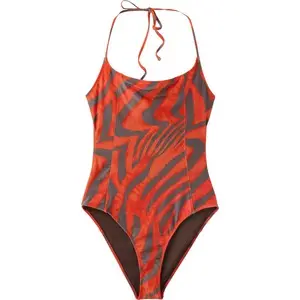 Mango Animal Print Halter One-piece Swimsuit With Side Cutouts - Orange