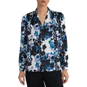 KASPER Pleated Shoulder Floral Print V-neck Top - Vanilla Ice Multi