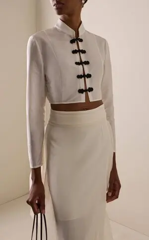 SLOAN Fitted Cropped Crepe Top With Mandarin Collar - Ivory