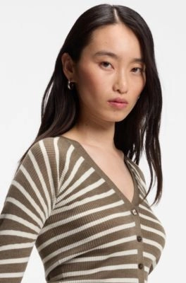 BOSS Buttoned Cardigan In Striped Merino Wool