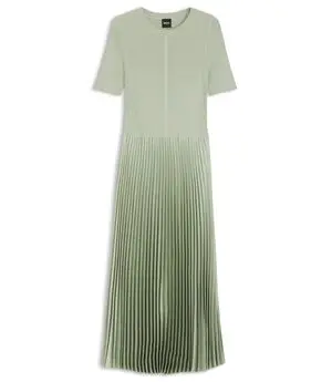 BOSS Mixed-material Dress With Pleated Skirt - Light Green