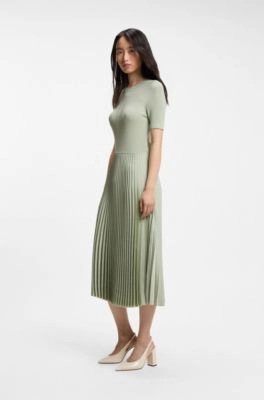 BOSS Mixed-material Dress With Pleated Skirt - Light Green