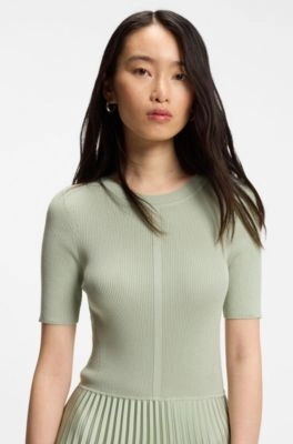 BOSS Mixed-material Dress With Pleated Skirt - Light Green