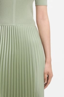 BOSS Mixed-material Dress With Pleated Skirt - Light Green