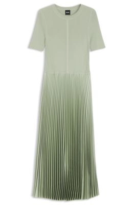 BOSS Mixed-material Dress With Pleated Skirt - Light Green