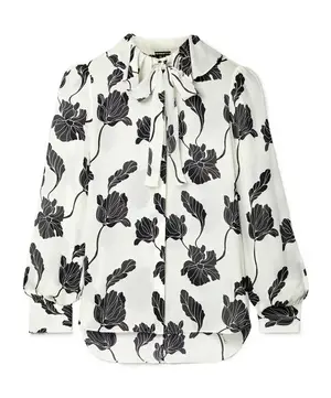 Adam Lippes Floral Printed Silk Crepe De Chine Tie Neck Blouse